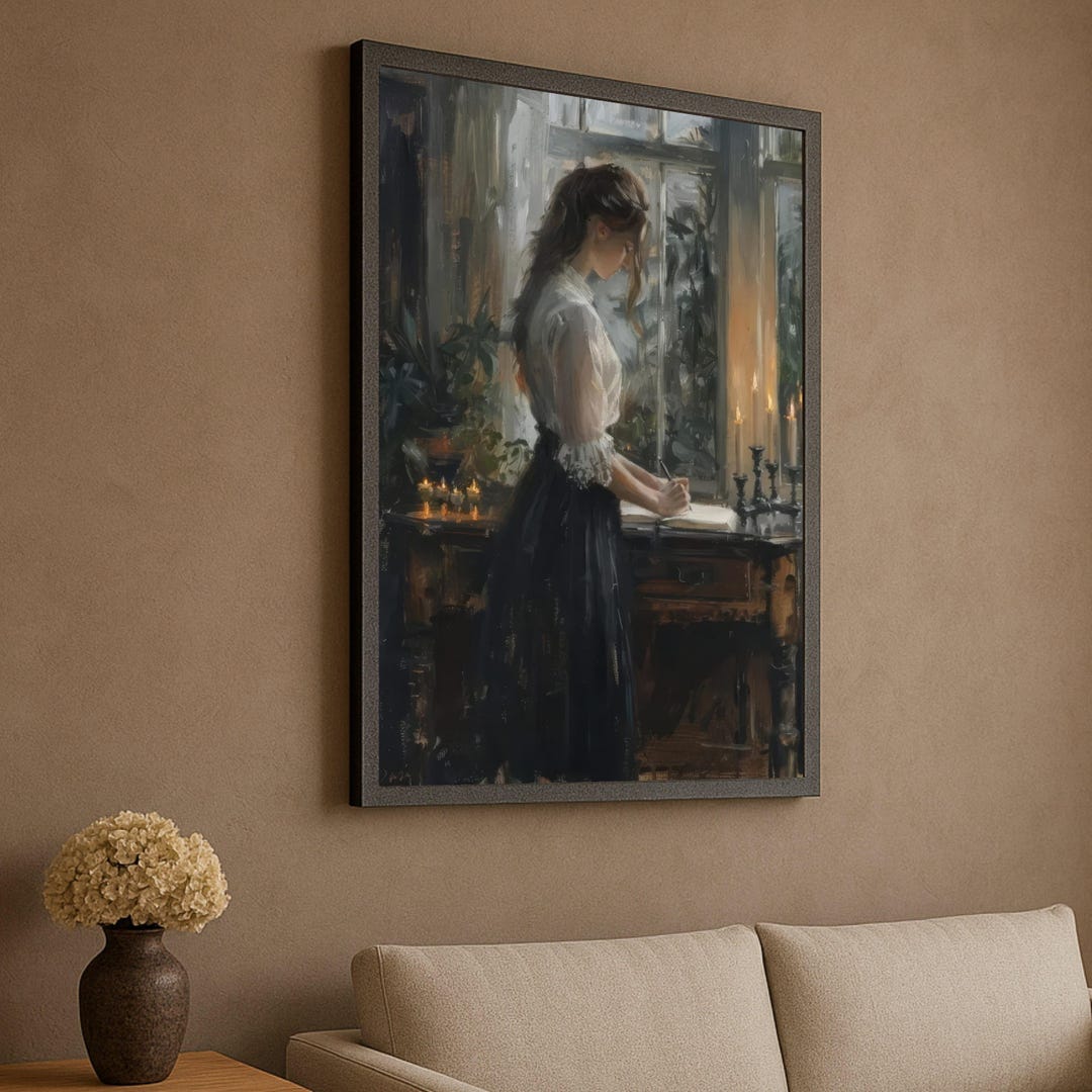 Vintage Victorian Woman Writing Canvas, Historic Interior Wall Art ...