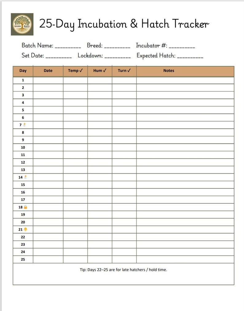 Chicken Incubation Tracker Printable | 25-day Hatch Chart, Homestead ...