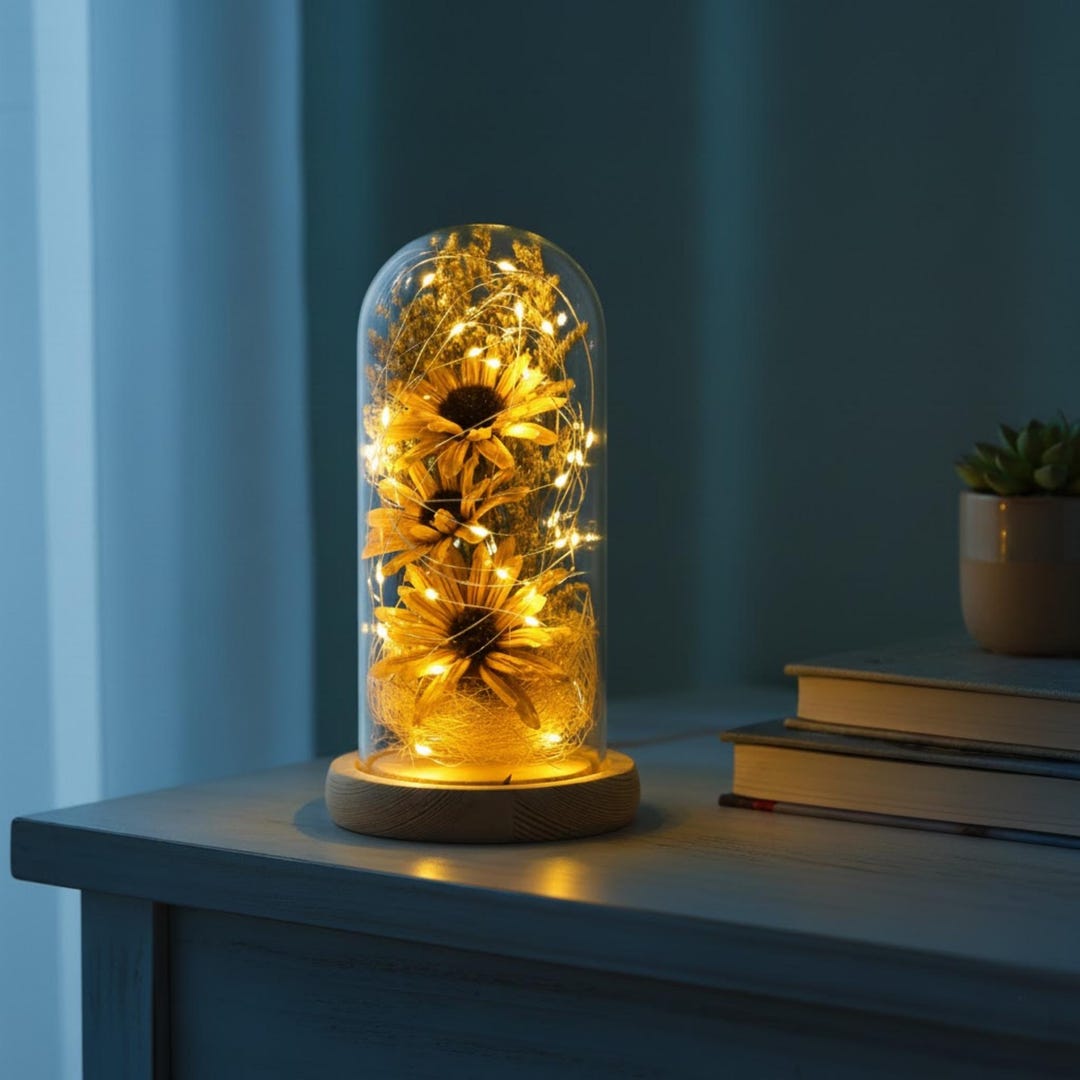 Everlasting Sunflower Cloche Glass Dome Lamp – Minimalist LED Fairy ...