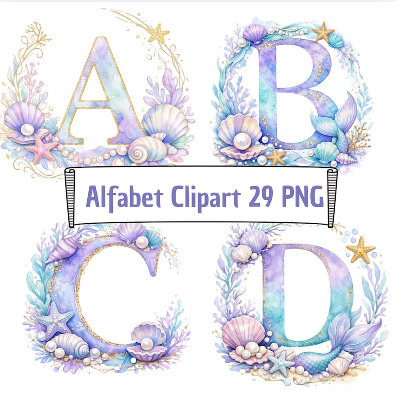 Mermaid Alphabet Clipart PNG, Watercolor Under the Sea Letters, Ocean ...