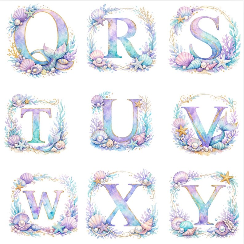 Mermaid Alphabet Clipart PNG, Watercolor Under the Sea Letters, Ocean ...