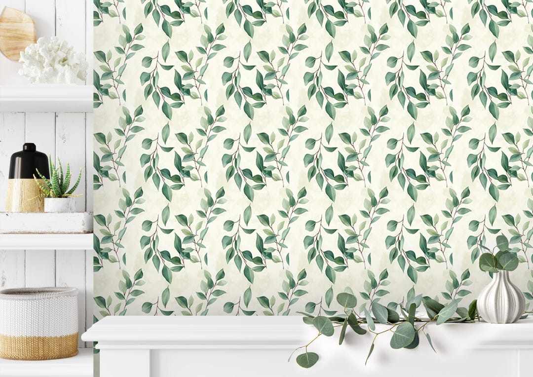 Green Botanical Vine Pattern Wallpaper, Soft Cottage Style Interior ...