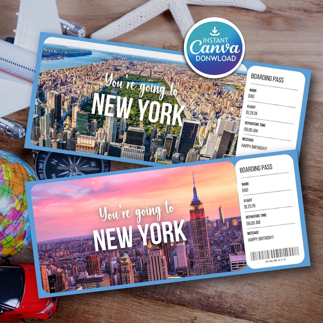 Surprise New York Vacation Travel Ticket Template, Editable Gift ...