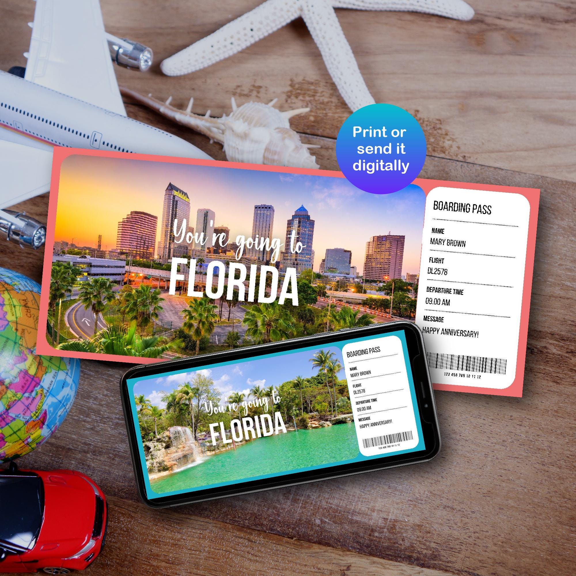 Surprise Florida Vacation Travel Ticket Template, Editable Gift ...