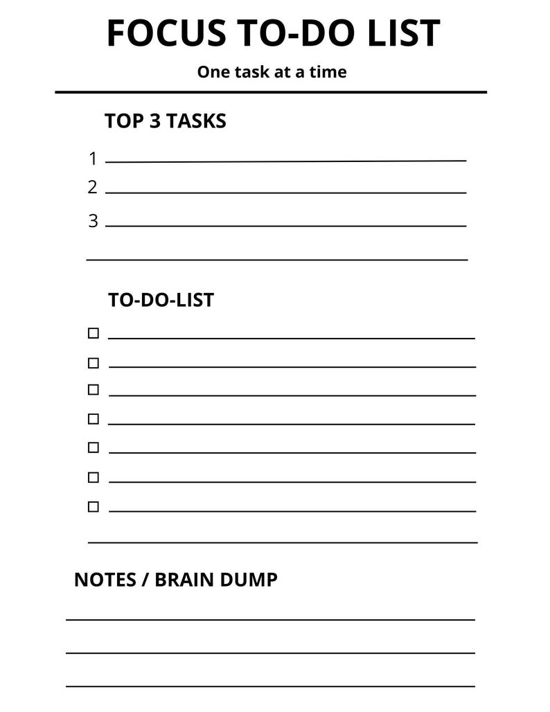 ADHD Focus to Do List Printable Minimal Daily Task Planner Top 3 Tasks ...