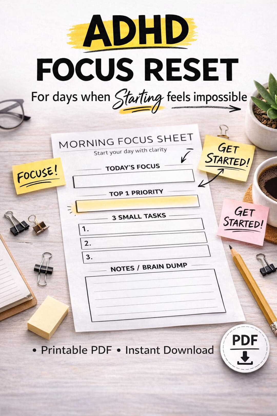 ADHD Focus Reset Sheet Printable – Task Paralysis Planner – Simple ...