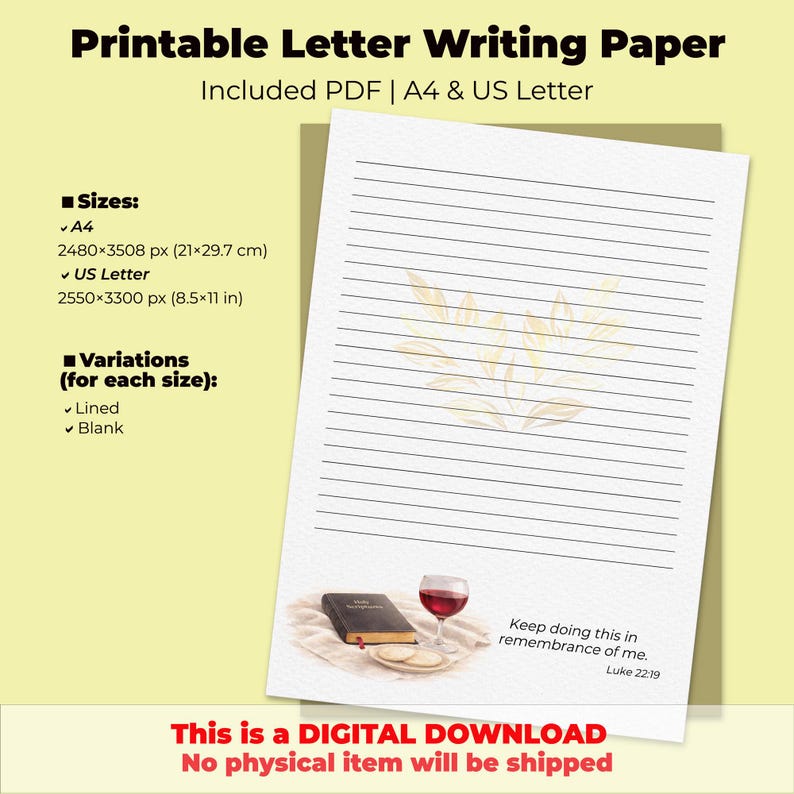 JW Memorial Letter Writing Paper Bundle, Luke 22:19 Printable Ministry ...