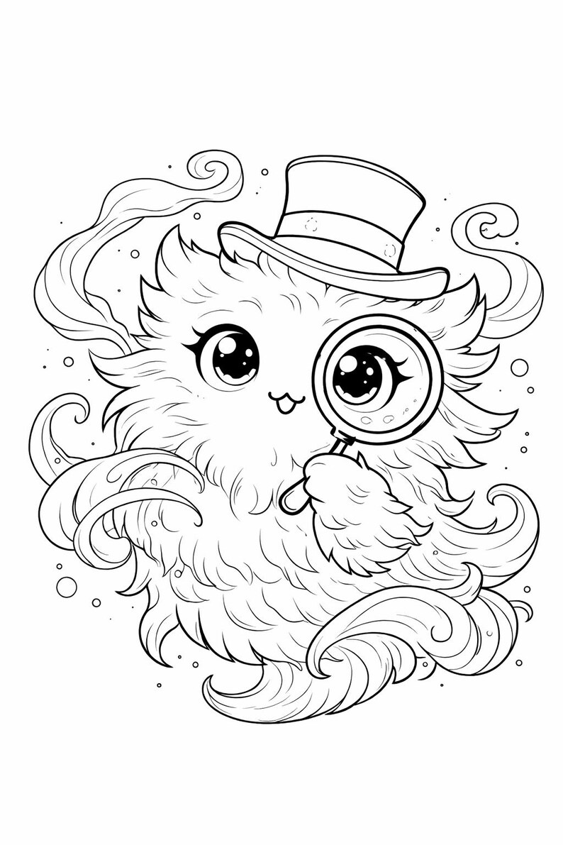 Whimsical Detective Creature Coloring Page, Fantasy Line Art (printable ...