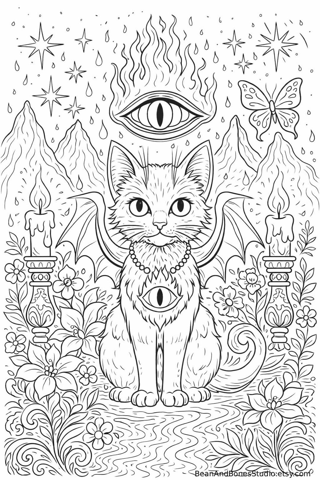 Bean the Familiar Coloring Page | Witchy Cat Fantasy Art | Printable ...