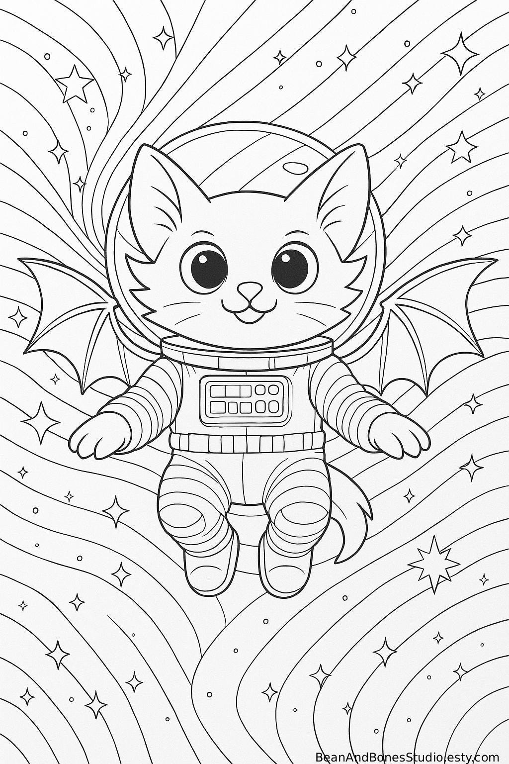 Space Cat Coloring Page | Cute Goth Bat Wing Cat Astronaut | Printable ...