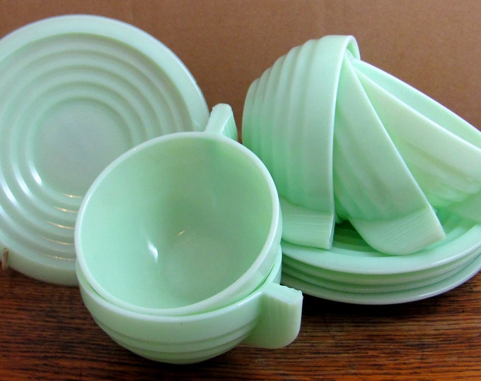 Art Deco French Jadeite/jadite Jade Green Milk Glass Tea Set 5 Ribbed ...