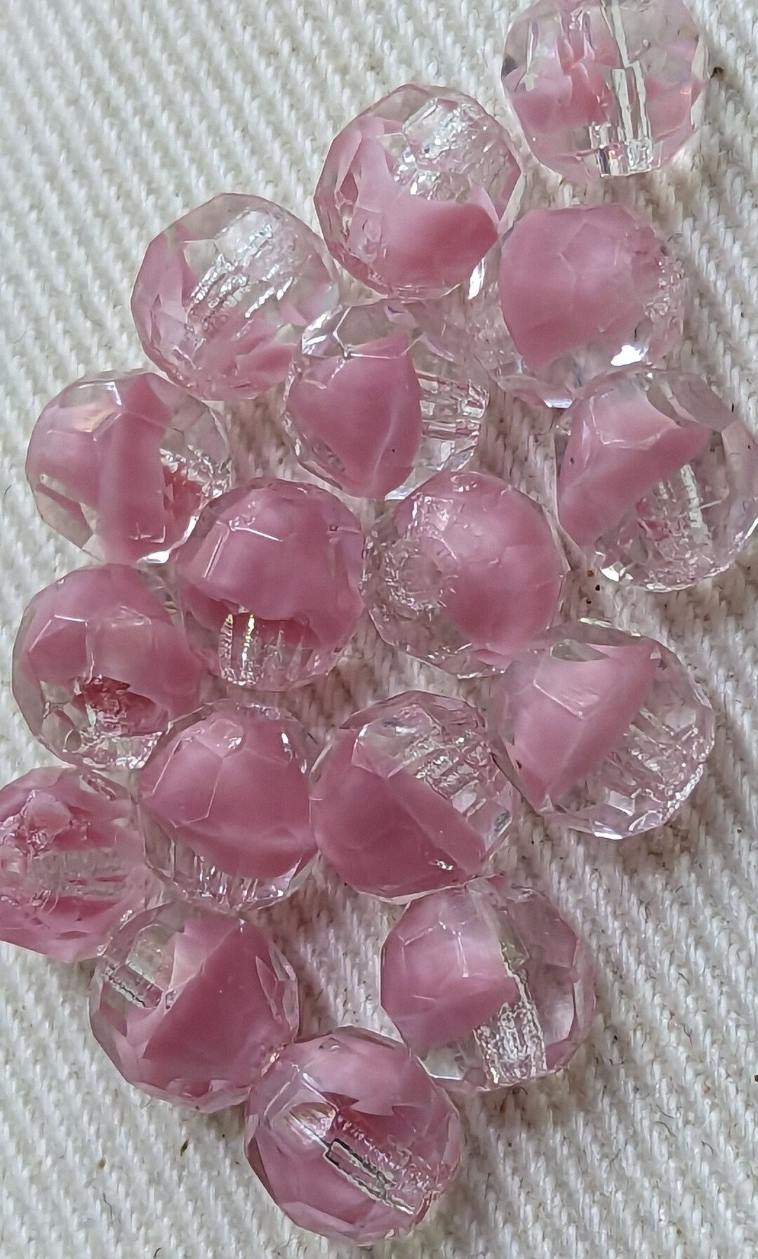 1950s ANTIQUE Pink/clear Givre,2-tone CRYSTAL Glass Beads// Fire Opal ...
