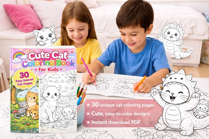 Kawaii Cat Coloring Book – 30 Easy Pages for Kids (printable PDF) - Etsy