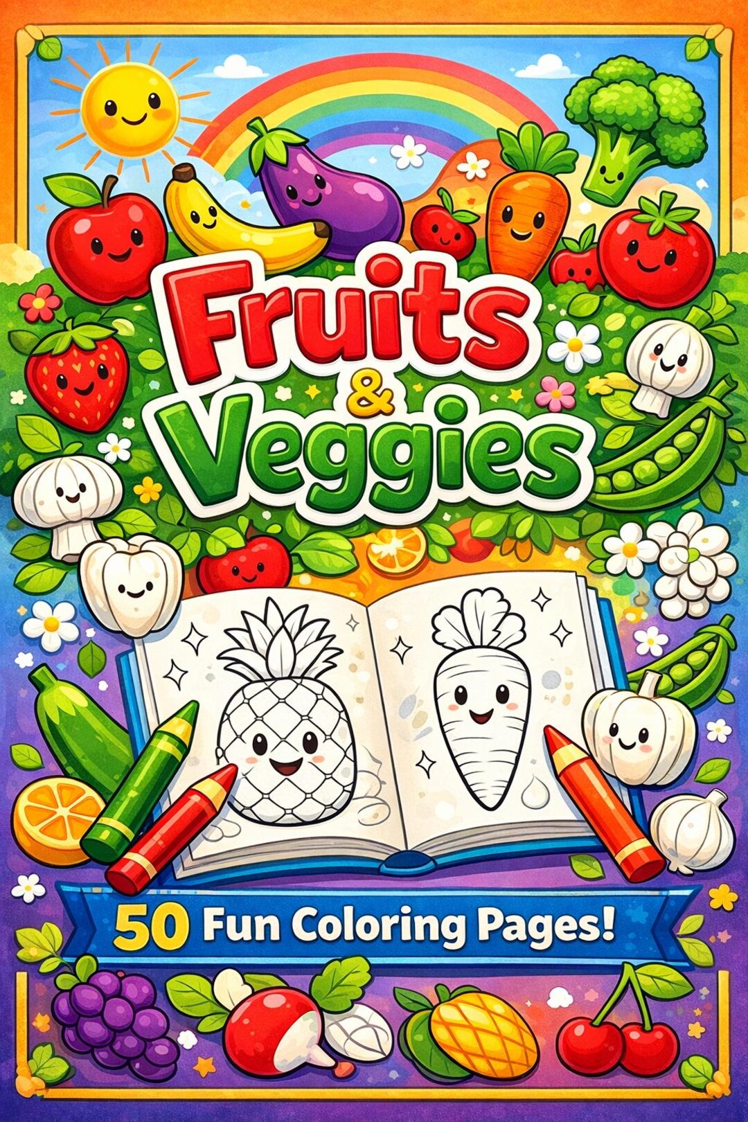 Fruits & Vegetables Coloring Book for Kids, 50 Easy Pages (PDF Download ...