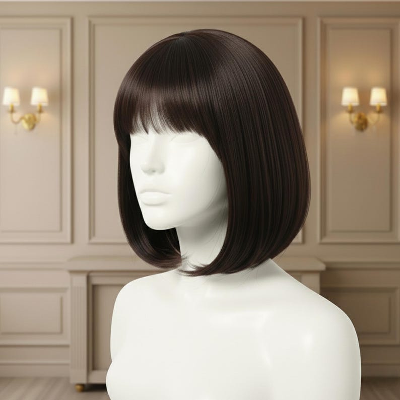 Short Dark Brown Bob Wig With Bangs | Straight Synthetic Hairpiece ...