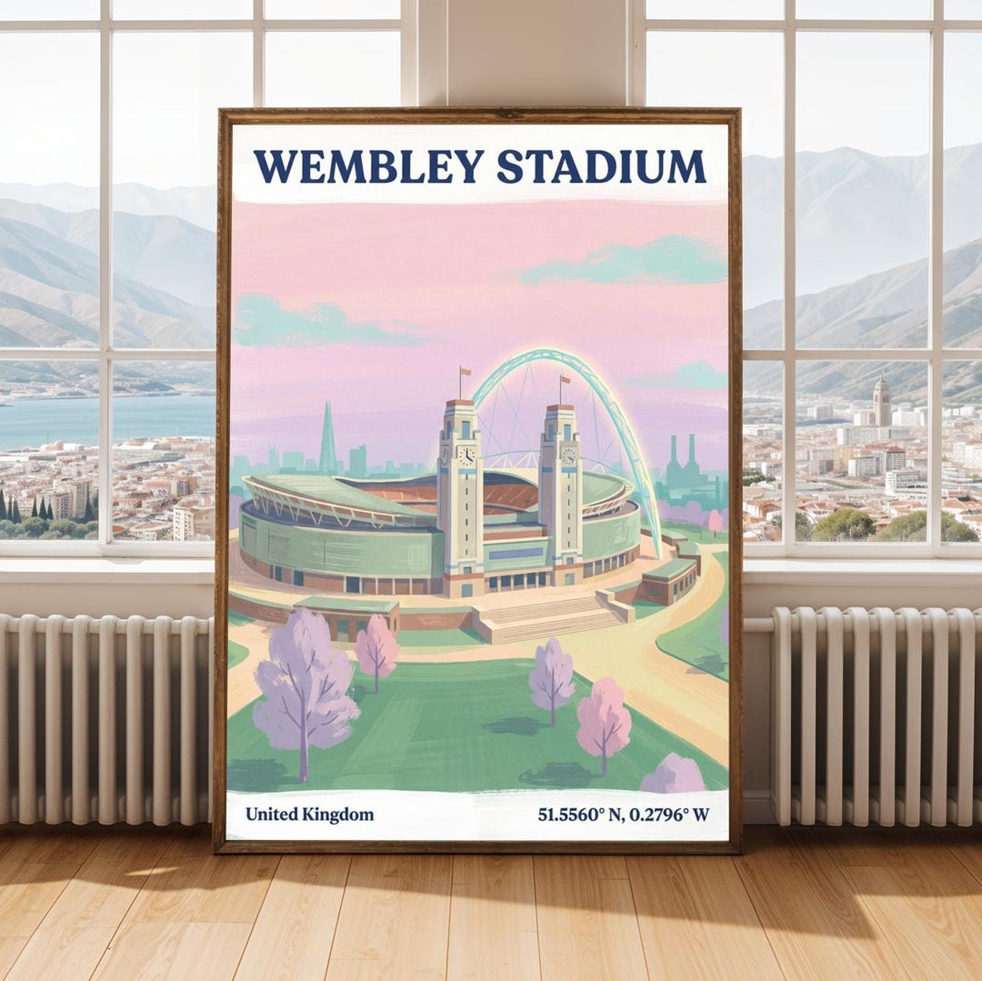 Wembley Stadium Art Print – Vintage Travel Style, Pink Sky and Teal ...