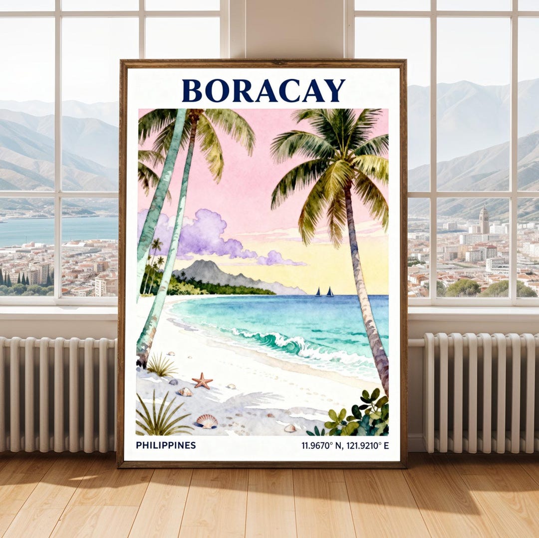 Boracay Poster, Watercolor Travel Style, Blue Ocean and Pink Sky - Etsy