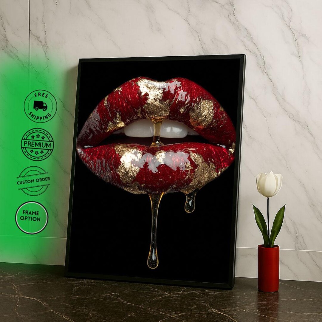 Red Lips Gold Drip Canvas Print, Modern Glam Wall Art - Etsy