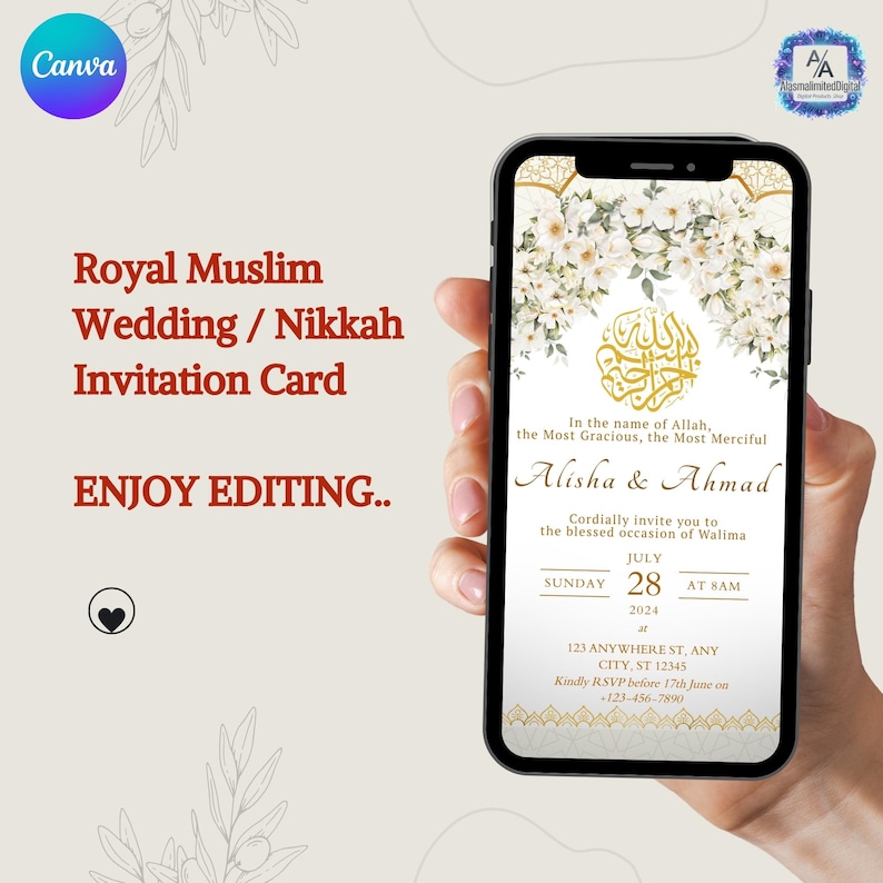 Islamic Wedding Invitation | Editable Nikah Invitation Card | Canva ...