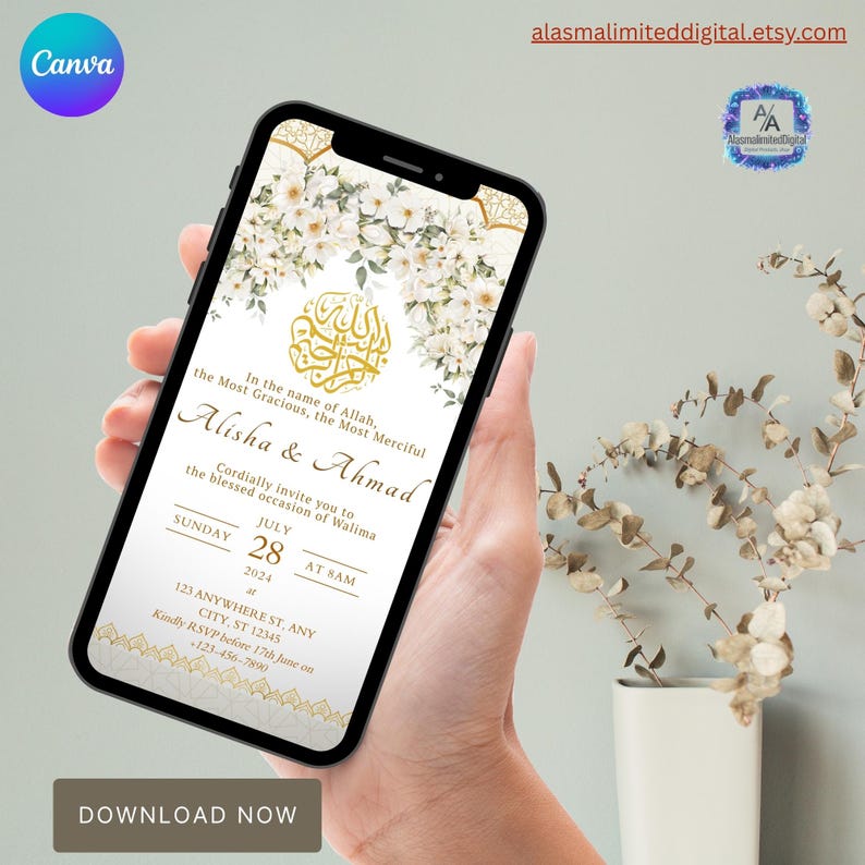 Royal Elegant Islamic Wedding Invitation: Arabic Calligraphy Canva ...