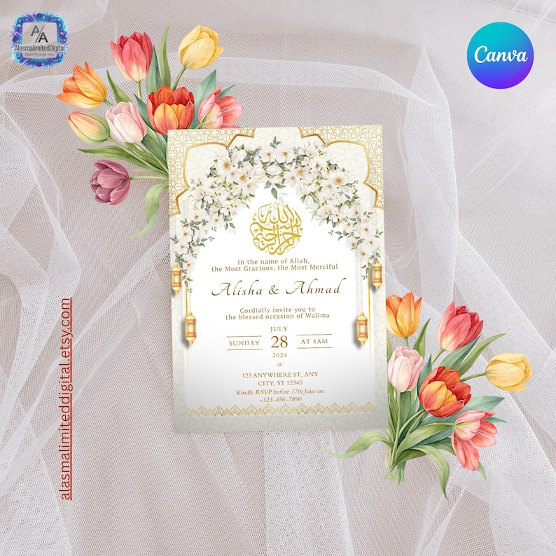 Royal Elegant Islamic Wedding Invitation: Arabic Calligraphy Canva ...