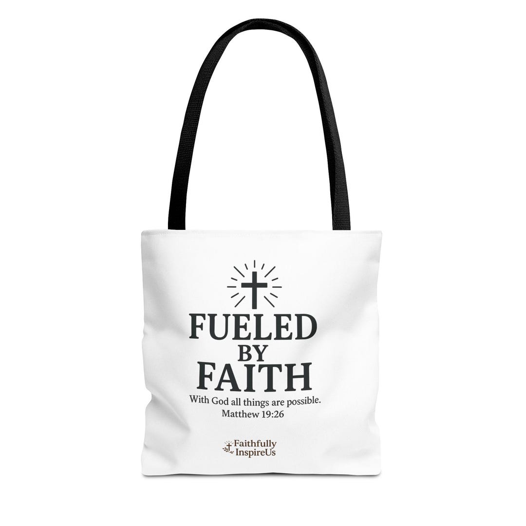 Fueled by Faith Cross Scripture Tote Bag | Matthew 19:26 Christian Tote ...
