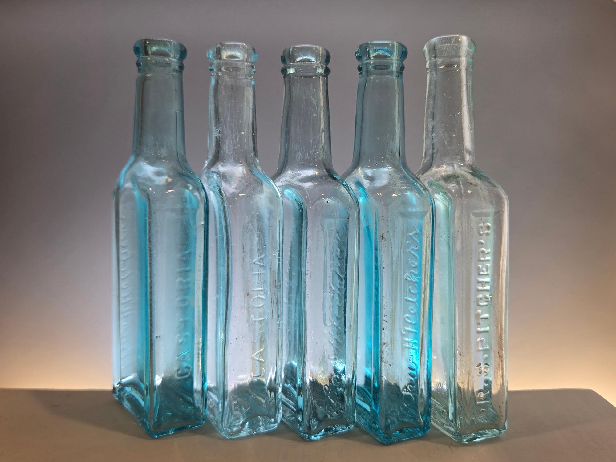 Lot of Five Cork Top Antique Aqua Castoria Medicine Bottles Dr. Pitcher ...