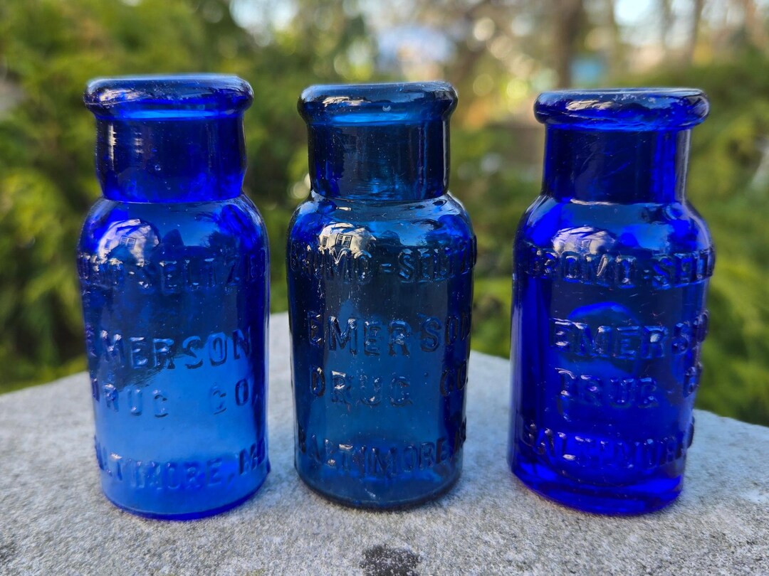Lot of Three Small Antique Cobalt Blue Cork Top Bromo Seltzer Baltimore ...