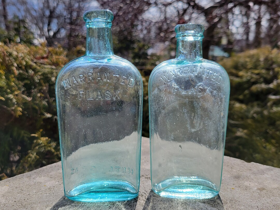 Lot of Two Antique 1890's Half Pint Aqua Glass Strap Side Flasks - Etsy