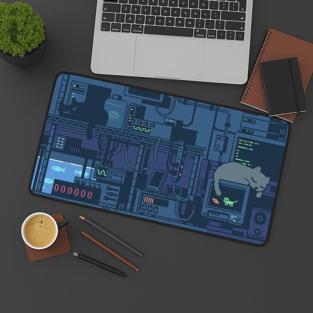 Desk Mat Pixel Art Cats Retro Tech Aesthetic Gaming Setup Decor Cozy ...