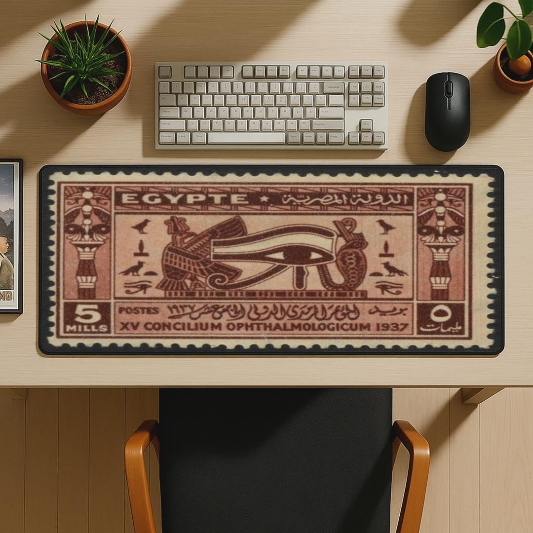 Desk Mat Featuring Vintage Egyptian Eye of Horus Stamp From 1937, a ...