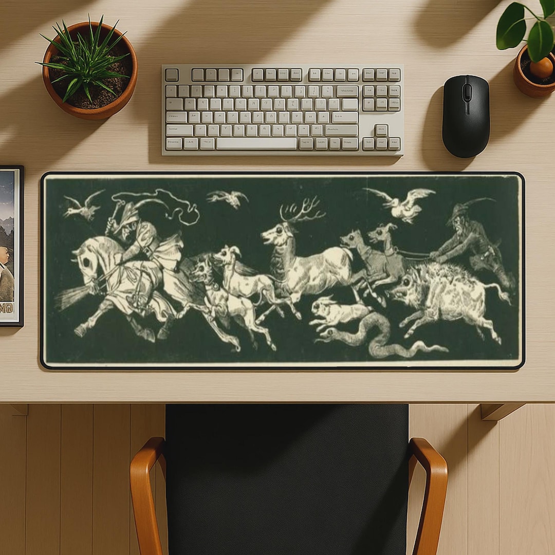 Desk Mat Vintage Woodcut Style Hunting Scene Monochromatic Art Dark ...