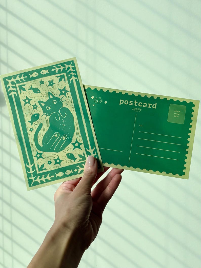 Linocut Cat Postcard (green) - Cute Cat, Art Print, Graphic, Stationery ...