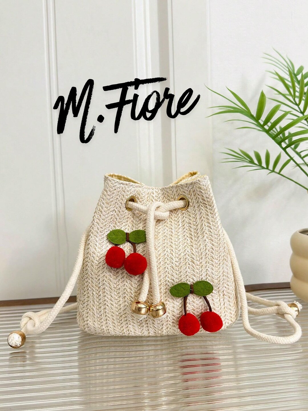Cherry Straw Bucket Bag, Woven Drawstring Purse, Boho Summer Handbag - Etsy