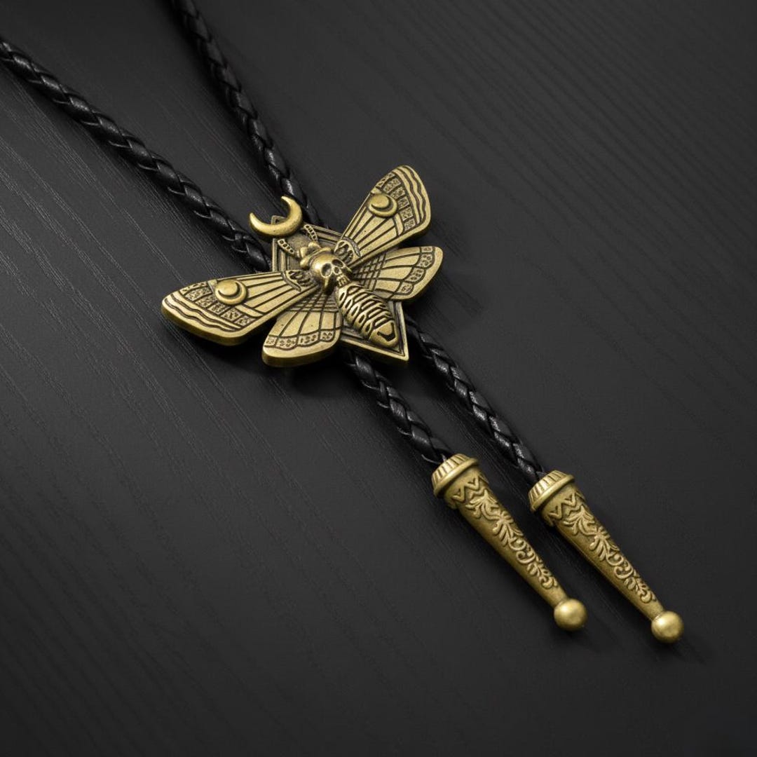Skull Moth Bolo Tie – Vintage Gold, Gothic Western Cowboy Necklace - Etsy