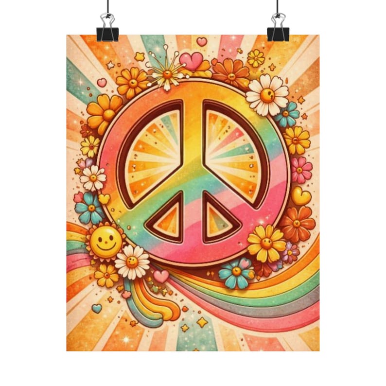 Retro Peace Sign Poster - 70s Hippie Flower Power Matte Vertical Print ...