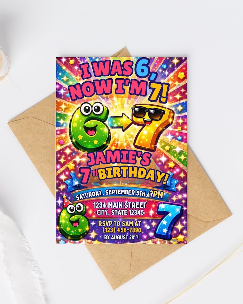 7th Birthday Six Seven Invitation Template Kids Party Invite Digital ...