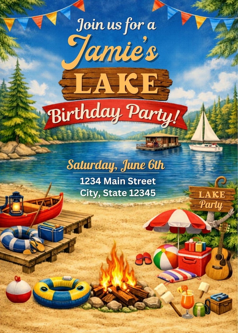 Lake Theme Birthday Invitation Template Editable Canva Lake Party ...
