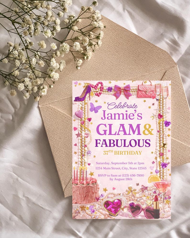 Fancy Glam Birthday Invitation, Editable Canva Template Pink Invite ...