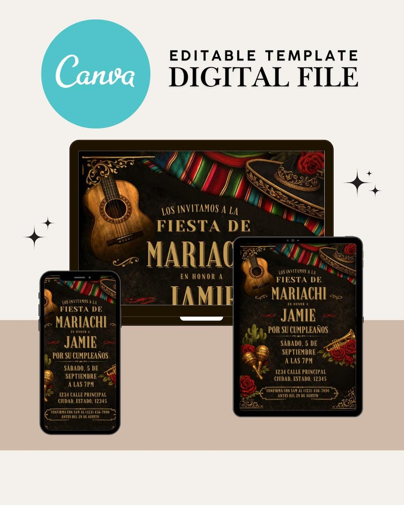 Mariachi Birthday Invitation, Fiesta Mexicana, Editable Canva Template ...