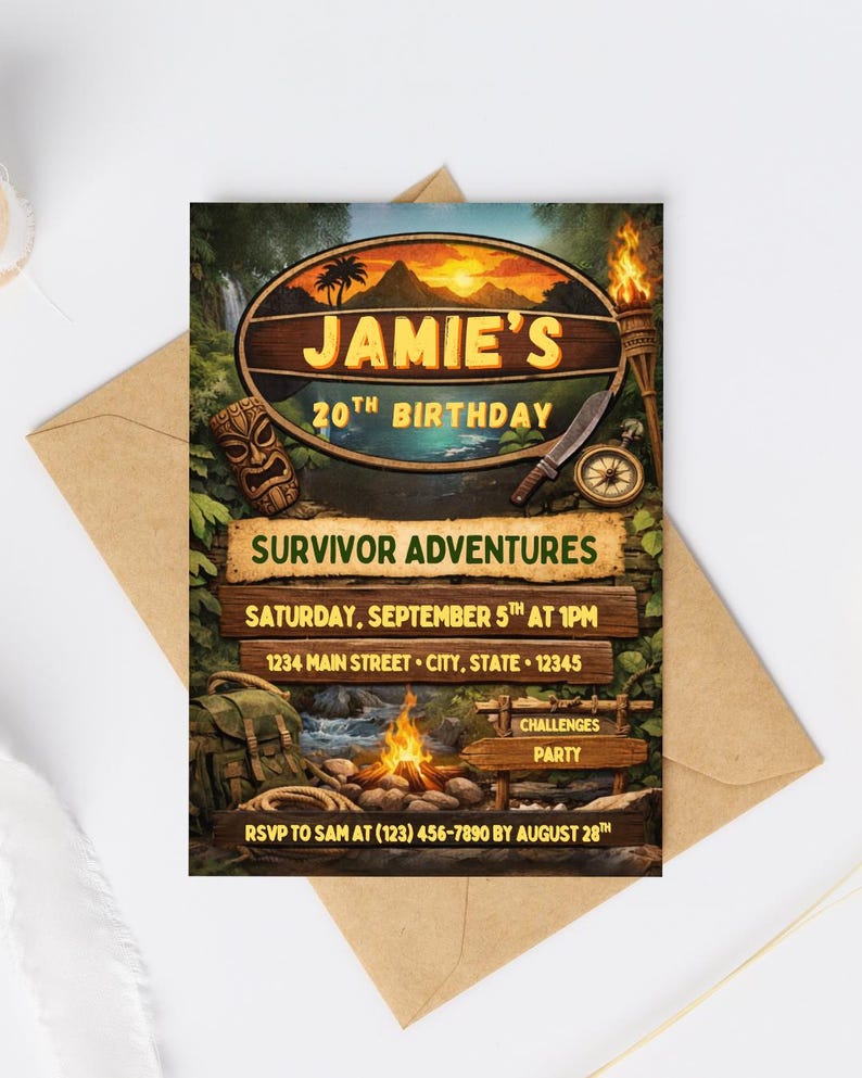 Survivor Adventure Birthday Invitation, Outdoor Wilderness Party Invite ...