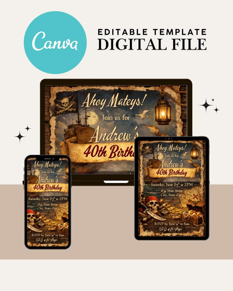 Pirate Birthday Invitation – Editable Canva Template, Rum & Raiders ...