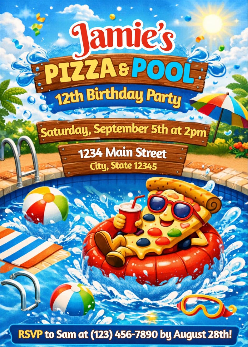 Pizza Pool Party Invitation, Summer Birthday Swim Bash, Editable Canva ...