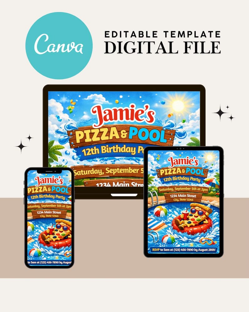 Pizza Pool Party Invitation, Summer Birthday Swim Bash, Editable Canva ...