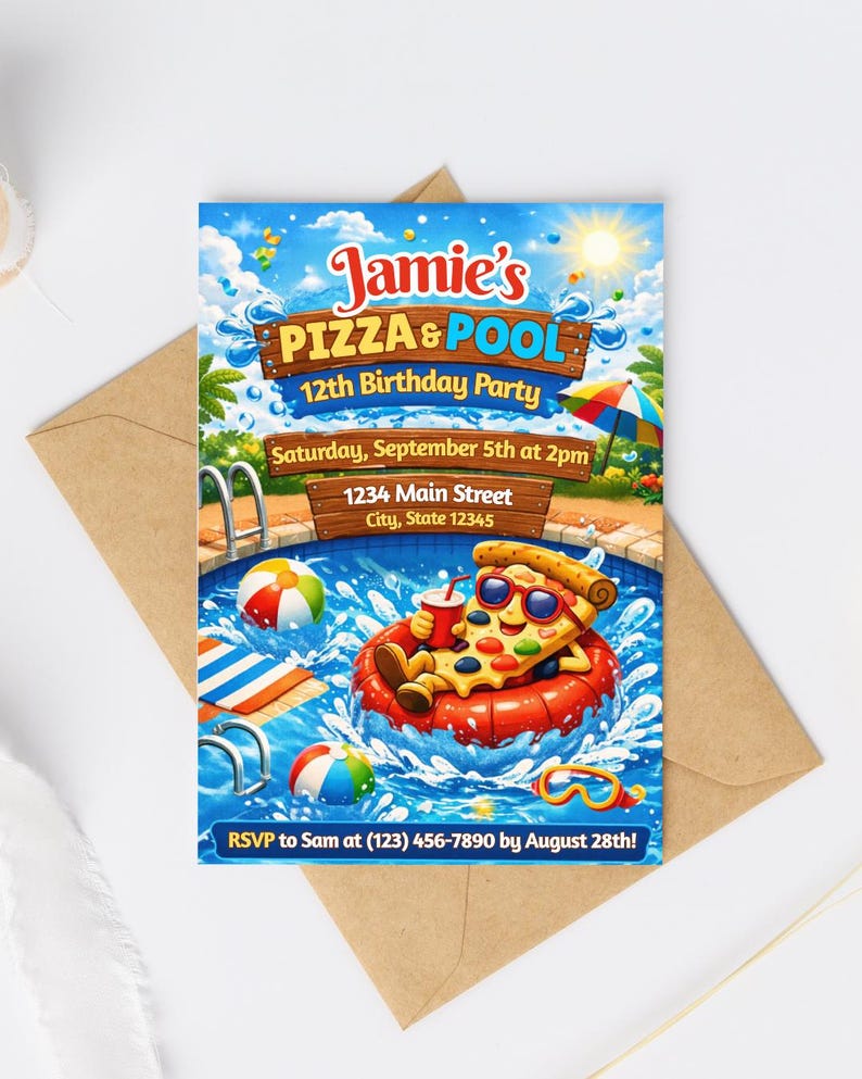 Pizza Pool Party Invitation, Summer Birthday Swim Bash, Editable Canva ...