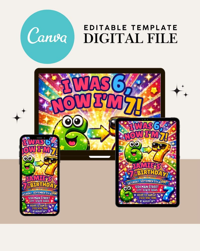 7th Birthday Six Seven Invitation Template Kids Party Invite Digital ...