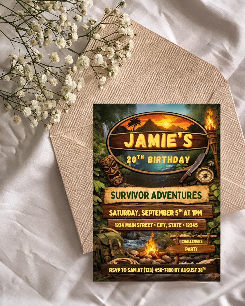 Survivor Adventure Birthday Invitation, Outdoor Wilderness Party Invite ...
