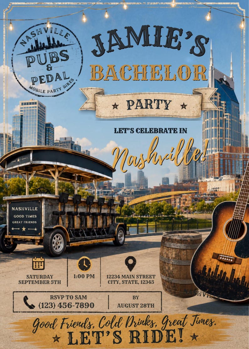 Bachelor Party Nashville Invitation Template, Pub and Pedal Party Bike ...