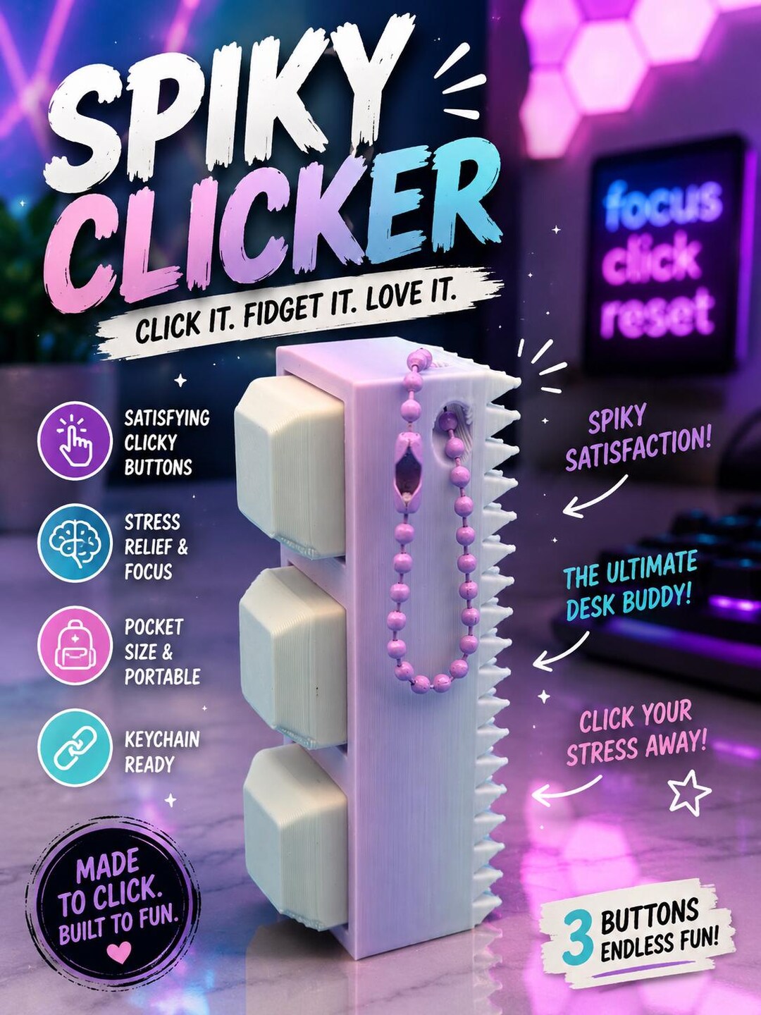 Pastel Ombre Spiky Clicker Fidget Toy, 3D Printed Sensory Keychain ...