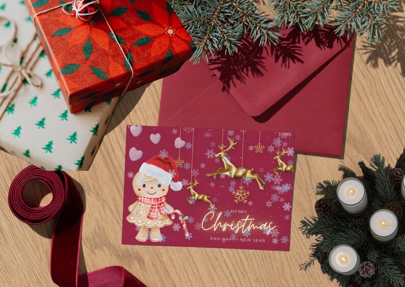 Gingerbread Christmas Card Printable, Pink Holiday Design (digital ...